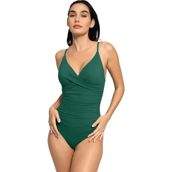 POPILUSH Shapewear Ruched Cross-front One-piece Swimsuit - Bottle Green