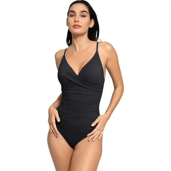 POPILUSH Shapewear Ruched Cross-front One-piece Swimsuit - Midnight Black