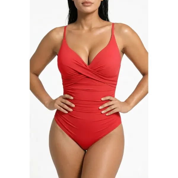 POPILUSH Ruched V-neck One-piece Shapewear Swimsuit - Watermelon