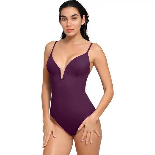POPILUSH Plunging V-neck Low Back One-piece Swimsuit With Built-in Shapewear - Blackberry