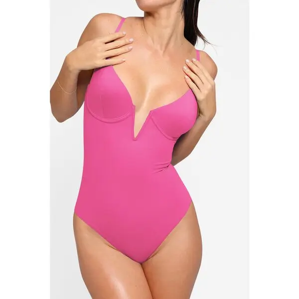 POPILUSH Plunging V One-piece Swimsuit - Candy Pink