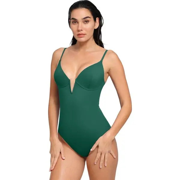 POPILUSH Plunging V-neck Low Back One-piece Swimsuit With Built-in Shapewear - Forest Green
