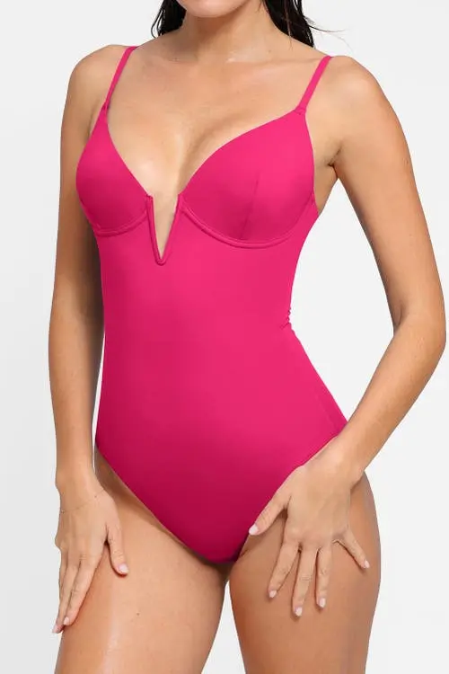 POPILUSH Plunging V-neck Low Back One-piece Swimsuit With Built-in Shapewear - Fuchsia