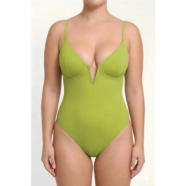POPILUSH Plunging V-neck Low Back One-piece Swimsuit With Built-in Shapewear - Lime Green