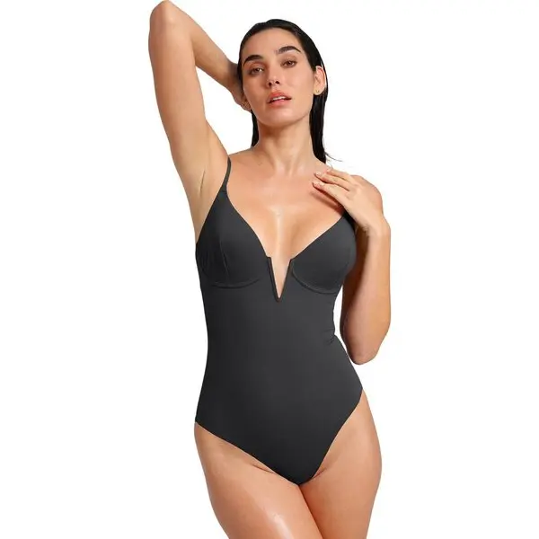 POPILUSH Plunging V-neck Low Back One-piece Swimsuit With Built-in Shapewear - Midnight Black