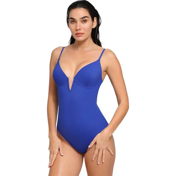 POPILUSH Plunging V-neck Low Back One-piece Swimsuit With Built-in Shapewear - Royal Blue