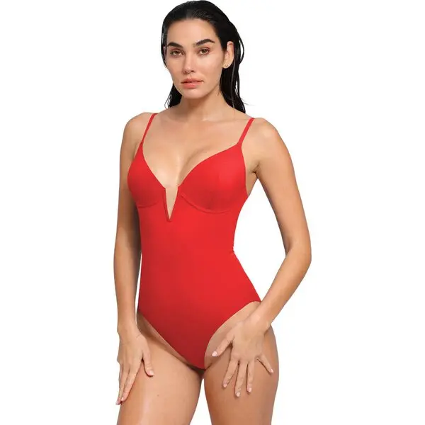 POPILUSH Plunging V-neck Low Back One-piece Swimsuit With Built-in Shapewear - Scarlet
