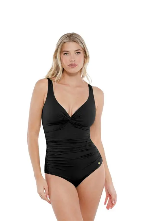 POPILUSH Shapewear Twist Front Ruched Swimsuit - Classic Black