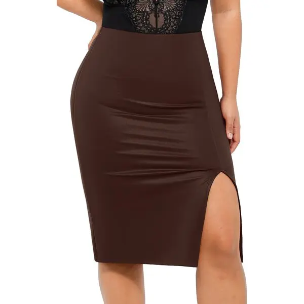 POPILUSH Shapewear Sculpting Faux Leather Front Slit Midi Skirt - Deep Coffee