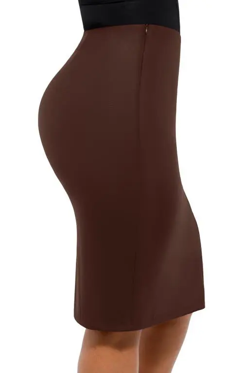 POPILUSH Shapewear Sculpting Faux Leather Front Slit Midi Skirt - Deep Coffee