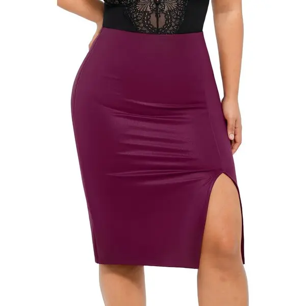 POPILUSH Shapewear Sculpting Faux Leather Front Slit Midi Skirt - Plum