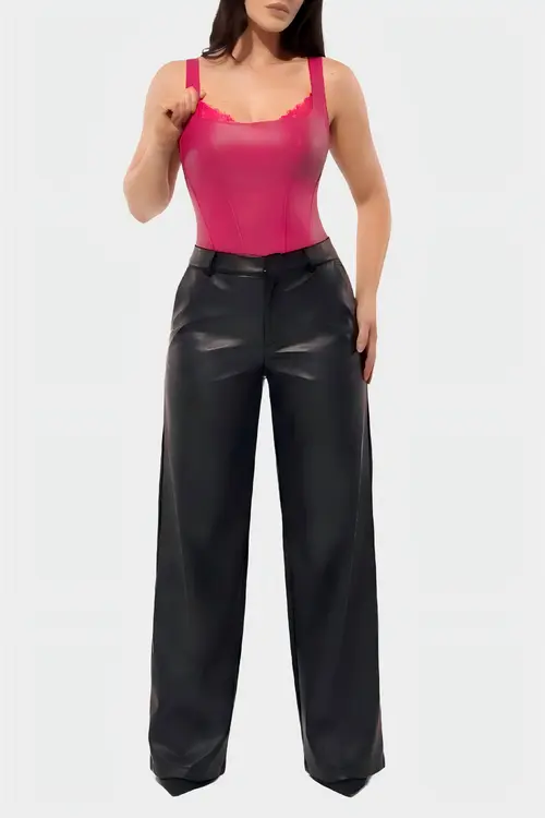 POPILUSH Faux Leather And Lace Sculpting Bodysuit - Fuchsia