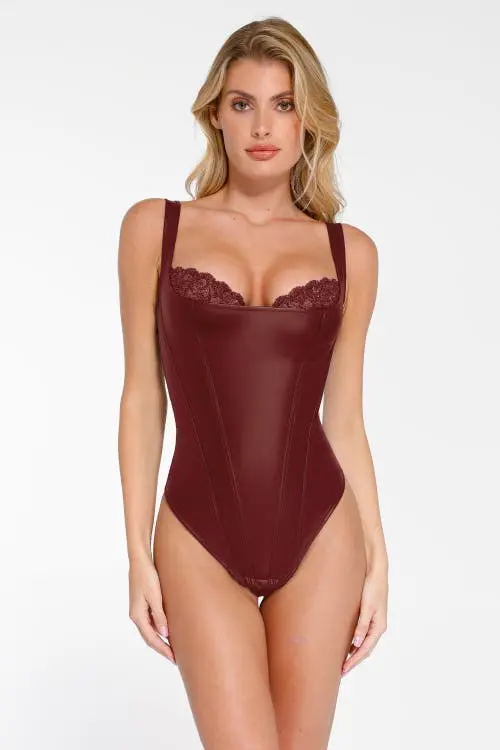 POPILUSH Shapellx Shapewear Faux Leather Lace Balconette Sculpting Bodysuit - Maroon Red