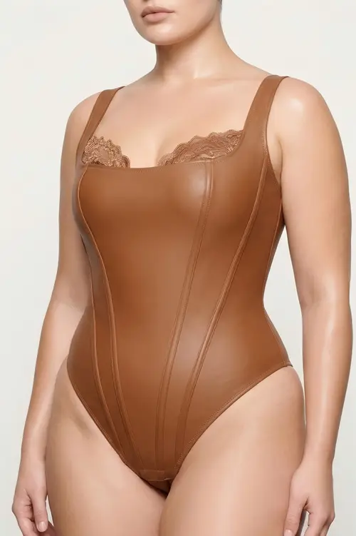 POPILUSH Faux Leather And Lace Sculpting Bodysuit - Rouge