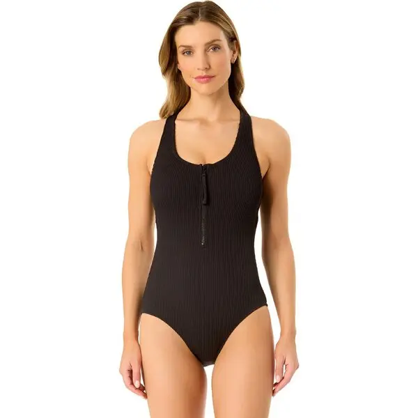 ANNE COLE Textured Scoop Neck Racerback One Piece Swimsuit - Black