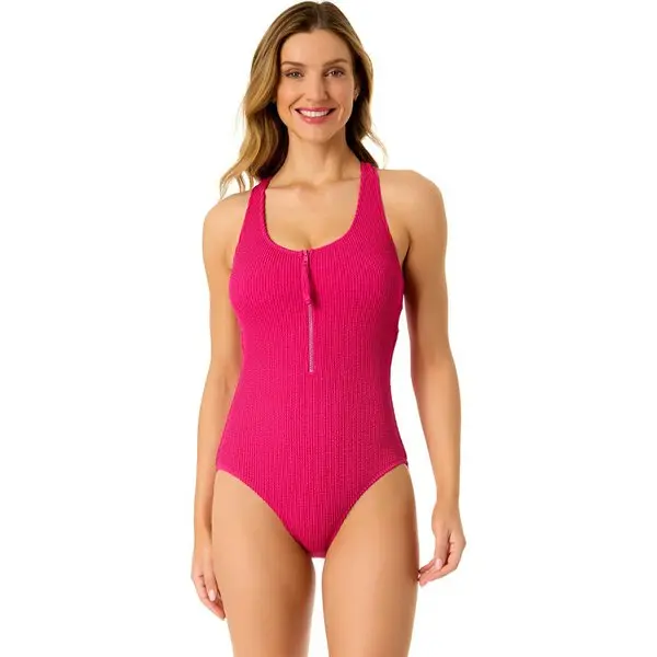 ANNE COLE Textured Scoop Neck Racerback One Piece Swimsuit - Fandango Pink