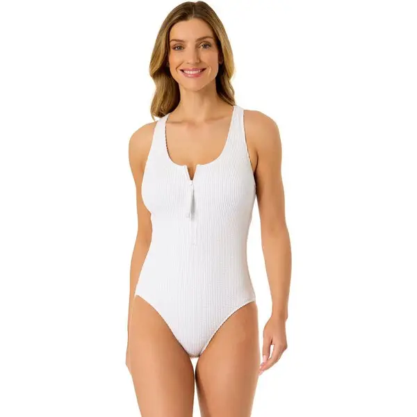 ANNE COLE Textured Scoop Neck Racerback One Piece Swimsuit - White