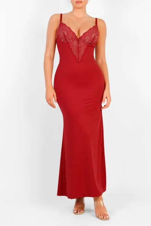 POPILUSH Shapewear Lace V-neck Maxi Slip Dress - Brick
