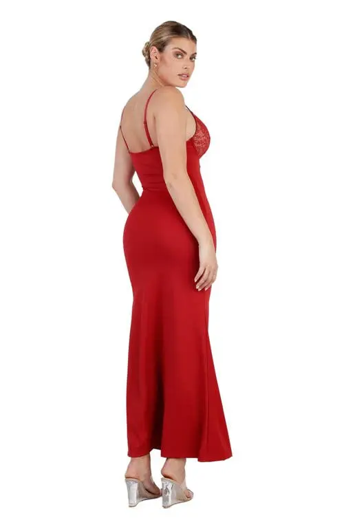 POPILUSH Shapewear Lace V-neck Maxi Slip Dress - Brick
