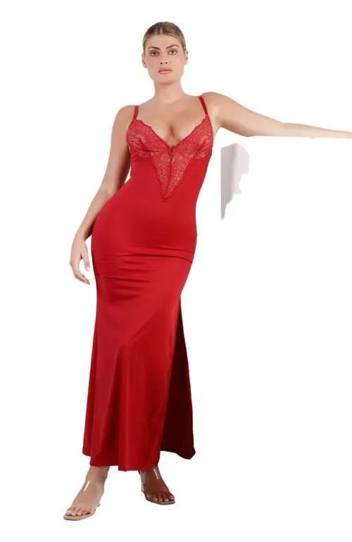 POPILUSH Shapewear Lace V-neck Maxi Slip Dress - Brick