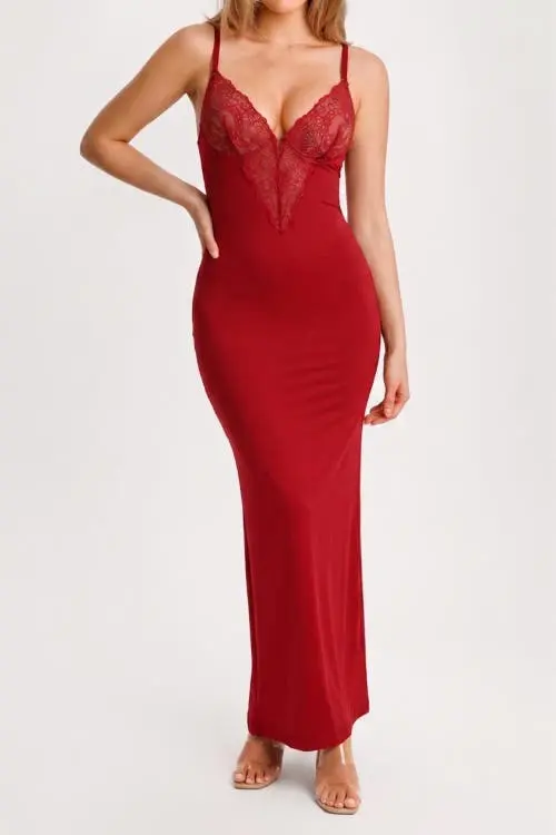 POPILUSH All-in-one Built-in Shapewear Lace Split Maxi Slip Dress - Brick