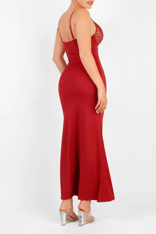 POPILUSH Shapewear Lace V-neck Maxi Slip Dress - Brick
