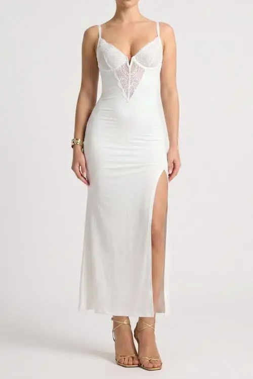 POPILUSH Shapewear Lace V-neck Maxi Slip Dress - White