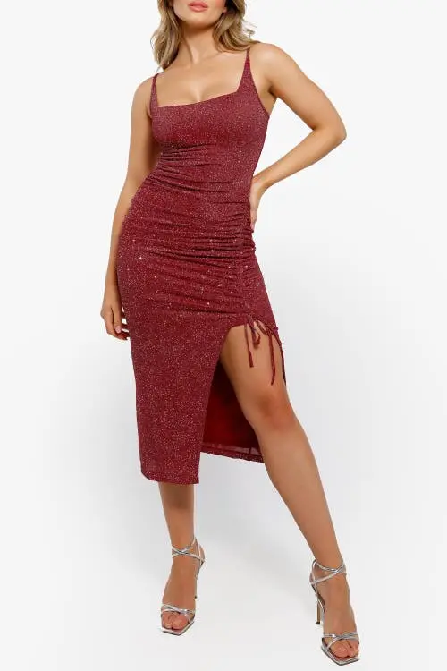 POPILUSH Shapewear Metallic Knit Bodycon Midi Slip Dress - Wine