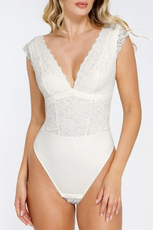POPILUSH Sculpting Plunge Lace Bodysuit - Chalk