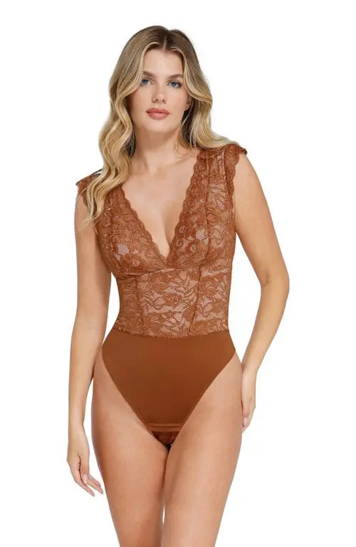 POPILUSH Sculpting Plunge Lace Bodysuit - Chocolate