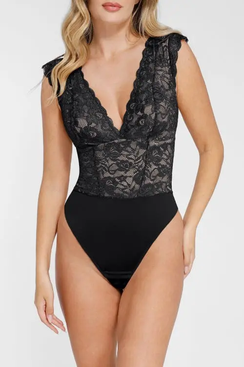 POPILUSH Sculpting Plunge Lace Bodysuit - Jet