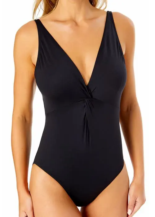 ANNE COLE Plunge Twist One Piece Swimsuit - Black