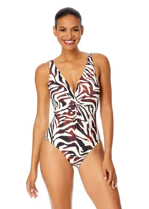 ANNE COLE Plunge Twist One Piece Swimsuit - Tiger Dance