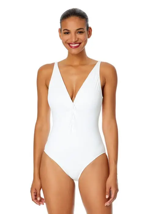 ANNE COLE Plunge Twist One Piece Swimsuit - White