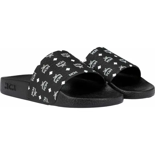 Mcm Monogram Print Rubber Slides - Black