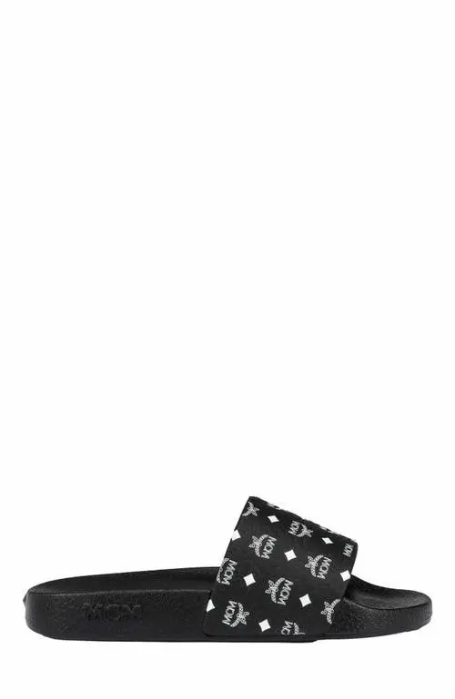 Mcm Monogram Print Rubber Slides - Black