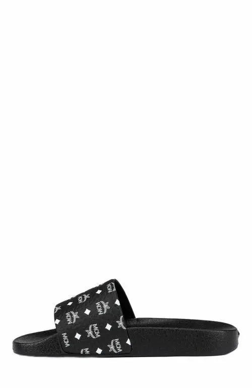 Mcm Monogram Print Rubber Slides - Black