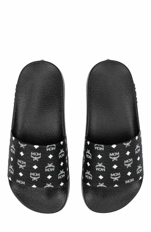Mcm Monogram Print Rubber Slides - Black