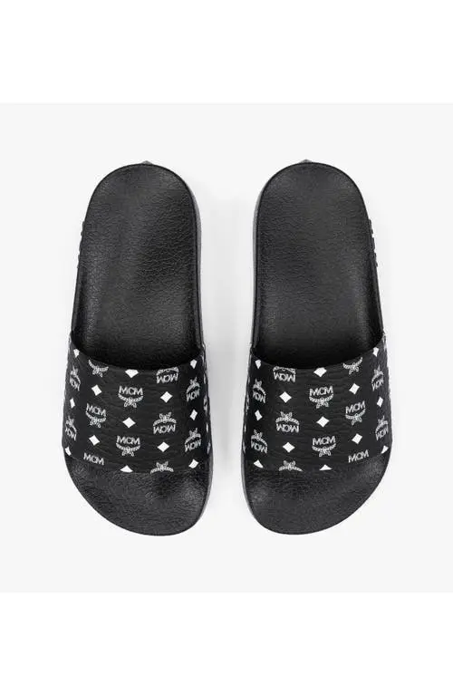Mcm Monogram Print Rubber Slides - Black