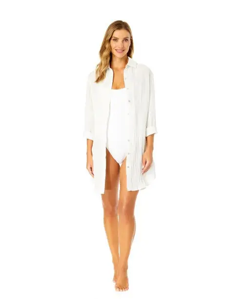 ANNE COLE Long Sleeve Button Up Cover Up - Gardenia