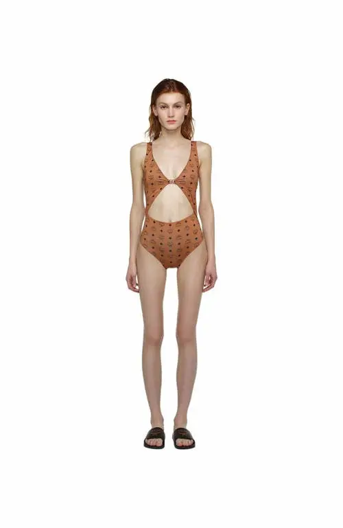 Mcm Monogram Print Swimsuit - Cognac