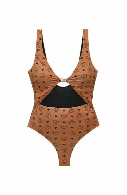 Mcm Monogram Print Swimsuit - Cognac