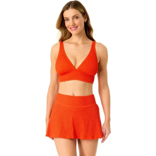ANNE COLE Textured Shirred Bralette Bikini Top - Paprika Flame