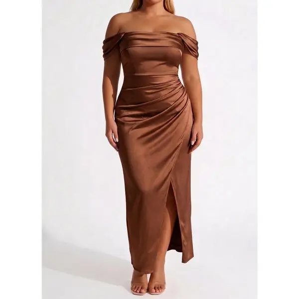 POPILUSH Liquid Metallic Off Shoulder Maxi Shapewear Dress - Chocolate