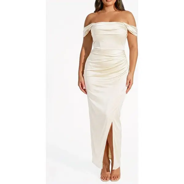 POPILUSH Liquid Metallic Shapewear Off Shoulder Maxi Dress - Ivory