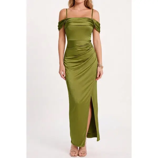 POPILUSH Liquid Metallic Off Shoulder Maxi Shapewear Dress - Metallic Olive