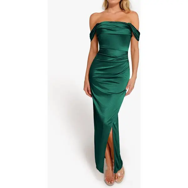 POPILUSH Liquid Metallic Fabric Off Shoulder Shine Ruched Sculpting Maxi Shapewear Dress - Pine