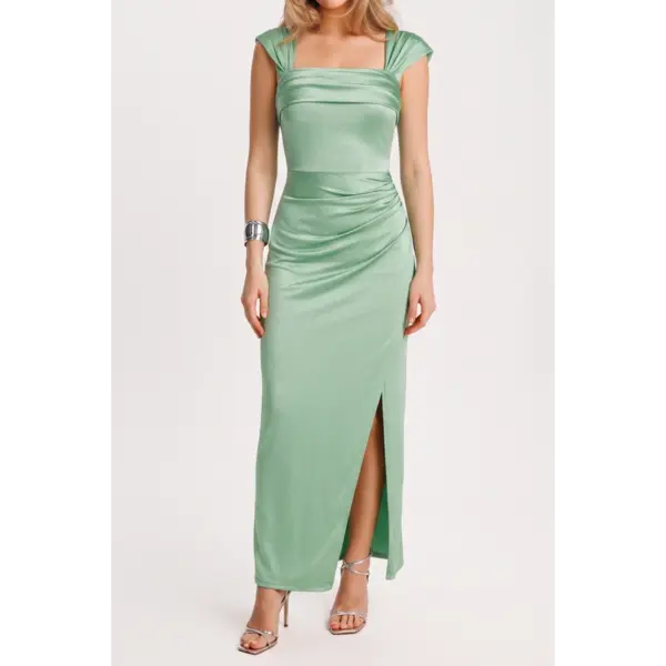 POPILUSH Liquid Metallic Off Shoulder Maxi Shapewear Dress - Pine