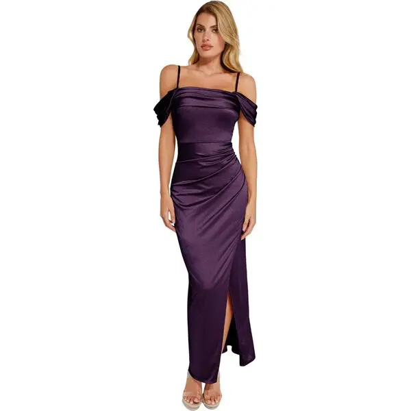 POPILUSH Liquid Metallic Shapewear Off Shoulder Maxi Dress - Plum