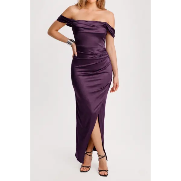 POPILUSH Liquid Metallic Off Shoulder Maxi Shapewear Dress - Plum